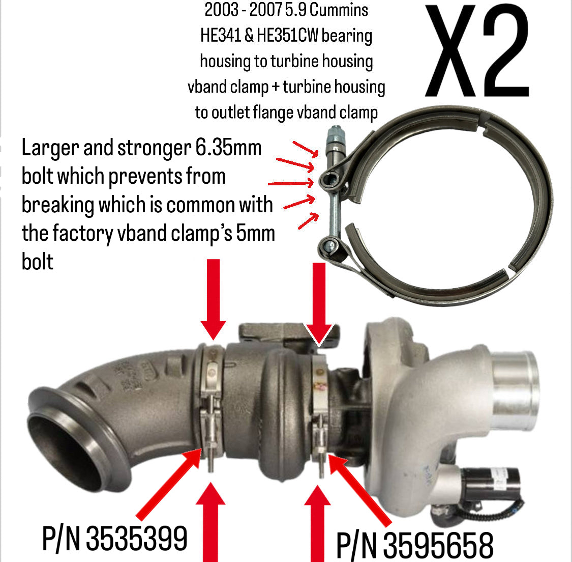 2 Vband Clamps for 2003 - 2007 Dodge Ram 5.9 Cummins HE341 HE351CW Tur ...